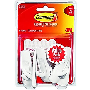 Command 170016Es Reusable Adhesive Hooks, Medium, Value Pack, 6/Pk,We
