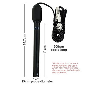 0-14 pH Electrode Probe BNC Connector, 300cm Cable for PH Meter Monitor Controller Test Sensor, Replacement Kit for Aquarium Hydroponics Plant Pool Spa (pH Electrode)