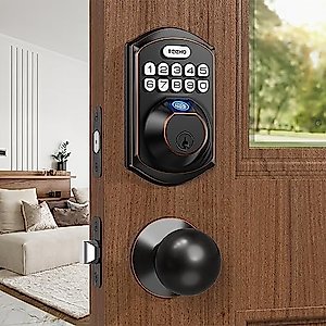 TEEHO TE002K Fingerprint Door Lock Set - Keyless Entry Door Lock with Handle - Door Knob with Keypad Deadbolt - Smart Locks for Front Door - Auto Lock - No Need App - Easy Installation - Bronze