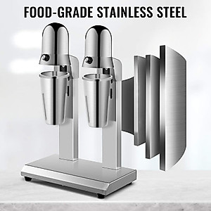VEVOR Milkshake Maker, Double-Head Milkshake Machine, 280W x 2 Milkshake Mixer, Malt Maker with 800ml Cups (Stainless Steel/PC), 2-Speed Electric Milk Shake Machine, 36000RPM Drink Mixer