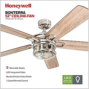 Honeywell Ceiling Fans Bonterra, 52 Inch Contemporary Indoor LED Ceiling Fan with Light and Remote Control, Dual Finish Blades, Reversible Motor - Model 50610-01 (Brushed Nickel)