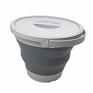 SAMMART 5.5L (1.4 Gallon) Collapsible Plastic Bucket with Lid - Foldable Round Tub with Lid - Portable Fishing Water Pail - Space Saving Outdoor Waterpot. (Grey)