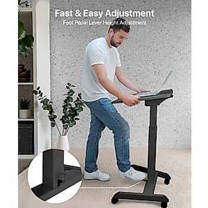 OCOMMO Mobile Podium - Pneumatic Standing Desk with 30 Degree Tilting Top, Adjustable Podium Stand, Lectern Portable with Wheels, Perfect for Lectures, Meetings, and Computer Use, Black