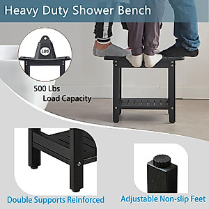 Shower Stool for Inside Shower, Poly Lumber Large Shower Bench Seat, Plastic Shower Bench Waterproof, for Sit on Bathroom Seat to Shaveing Legs with Storage Shelf, Adjustable Feet, Non-Slip(Black)…