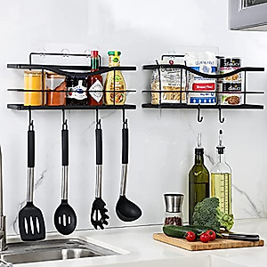 AOZITA 2 Pack, Large Adhesive Shower Caddy Shelves with 8 Hooks - Wall Hanging Bathroom Organizer Basket for Shower Room - Shower Racks for Inside Shower Storage - SUS304 Stainless Steel, Matte Black