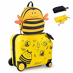 BABY JOY 2PC Kids Luggage Set, 4 in 1 Toddler 18” Ride-on & Carry-on Hardshell Suitcase with Wheels, Anti-Lose Rope, 12” Backpack Set, Lightweight Travel Rolling Trolley for Boys Girls (Cute Bee)