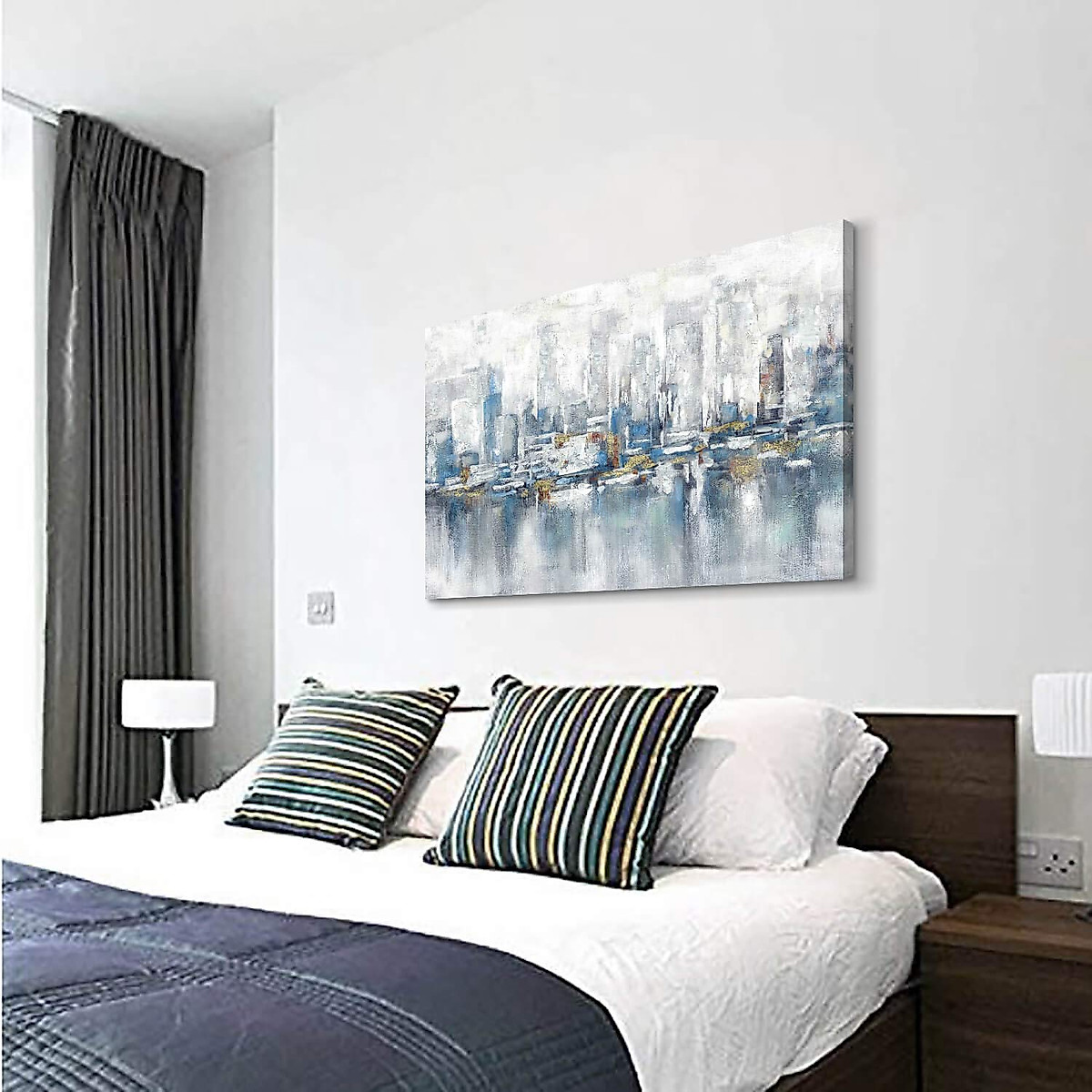 Modern Urban Abstract Painting Artwork: Contemporary Cityscape Hand Painting Abstract Canvas Wall Art for Living Room (45” x 30” x 1 Panel)