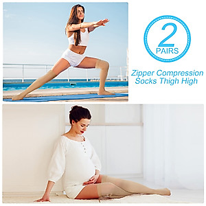 Sosation 2 Pairs Zipper Compression Socks Thigh High 20-30 mmHg Compression Socks Closed Toe Thigh High Compression Stockings (Beige,Medium)
