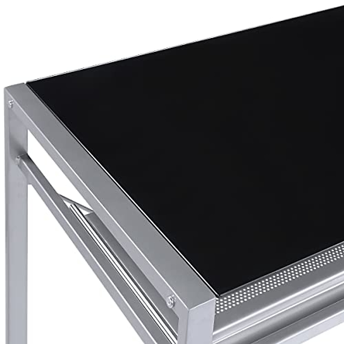 OSP Home Furnishings Zephyr Computer Desk with Keyboard Shelf and Tempered Glass Top, Black Glass and Silver Frame