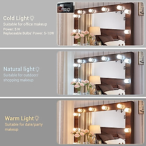 JXQTLINGMU 43" Makeup Vanity Desk with Mirror and Lights, Farmhouse Vanity Dressing Table Set with 3 Drawers & 2 Cabinets, Stool Included, Bedroom, Brown