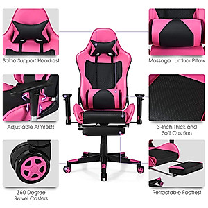 Giantex Massage Gaming Chair Pink, Ergonomic Video Game Chair with Footrest, High Back E-Sport Computer Chair with Headrest & Massager Lumbar Support, PU Leather Gaming Seat