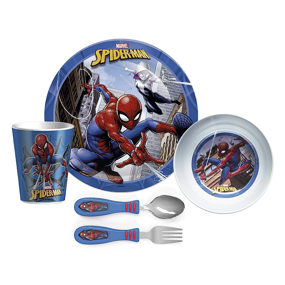 zak! 5-Piece Dinnerware Set, Marvel Spider-Man - Durable Plastic & Stainless Steel - Includes Tumbler, 8-Inch Plate, 6-Inch Bowl, Fork & Spoon - Suitable for Kids Ages 3+