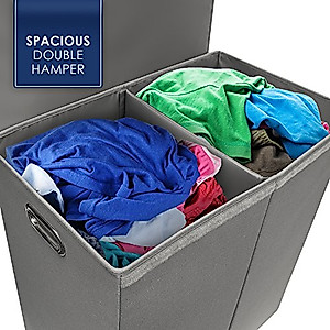 Sorbus Laundry Hamper with Lid Closure – Foldable Double Sorter Detachable Cover and Divider, Built-in Handles for Easy Transport, Grey