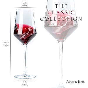 Aspen & Birch - Classic Wine Glasses Set of 6 - Red Wine Glasses or White Wine Glasses, Premium Crystal Stemware, Long Stem Wine Glasses Set, Clear, 15 oz, Hand Blown Glass Crafted by Artisans