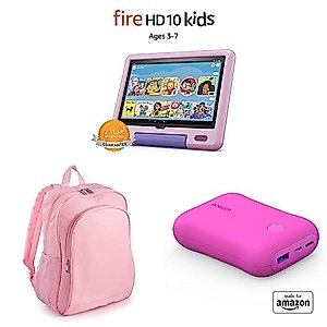 Fire HD 10 Kids Tablet, 10.1" HD (32GB, Lavender) with Backpack + Portable Charger