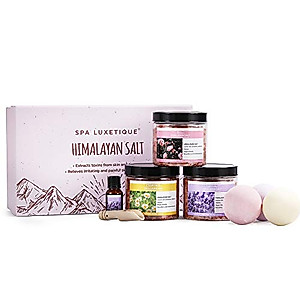 Epsom Salt for Soaking - 8pcs Pink Himalayan Bath Salts Gift Set with Essential Oil, Bath Bombs, Wooden Scoop, Revitalize and Soothes Skin, Bath Sets for Women Gift Spa Gifts Set for Valentine's Day