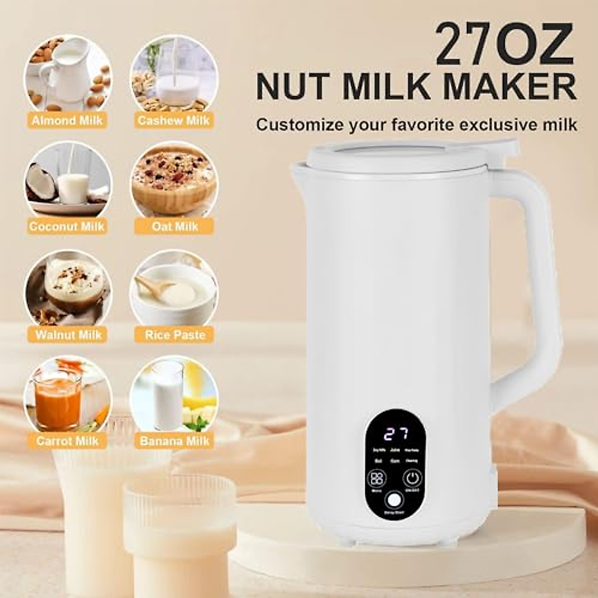 Automatic Soy and Nut Milk Maker,27oz/800ml,Food Processor,Rice Paste,Juice,Baby Food Hot Blender, Smoothie,Corn,Crushing Ice,Delay Start/Keep Warm & BPA Free (White)