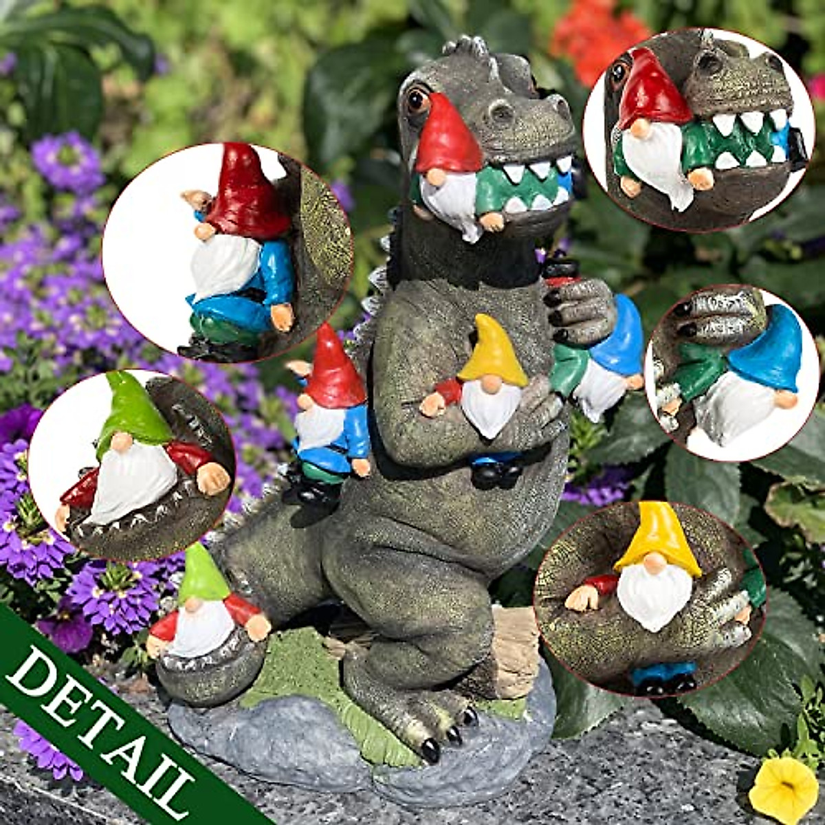 Malister 14 Inch Dinosaur Gnomes Garden Statues for Fall Winter Garden Decor, Garden Gnomes Statues Outdoor Decor, Outdoor Statues for Patio, Lawn, Yard Decorations Outdoor, Housewarming Garden Gifts