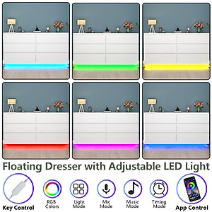 Gyfimoie 6 Drawer Dresser with Power Outlet, Floating White Dresser Chest of Drawer with LED Light,Modern Double Wide Drawer Organizer Cabinet for Bedroom,Living Room (White)