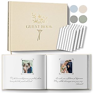 Wedding Guest Book with 216 Photo Corners Stickers, Linen Guestbook to Sign at Bridal Shower or Wedding Reception Party,100 Pages, Blank Thick Paper Books for Baby Shower Memorial Service- Beige