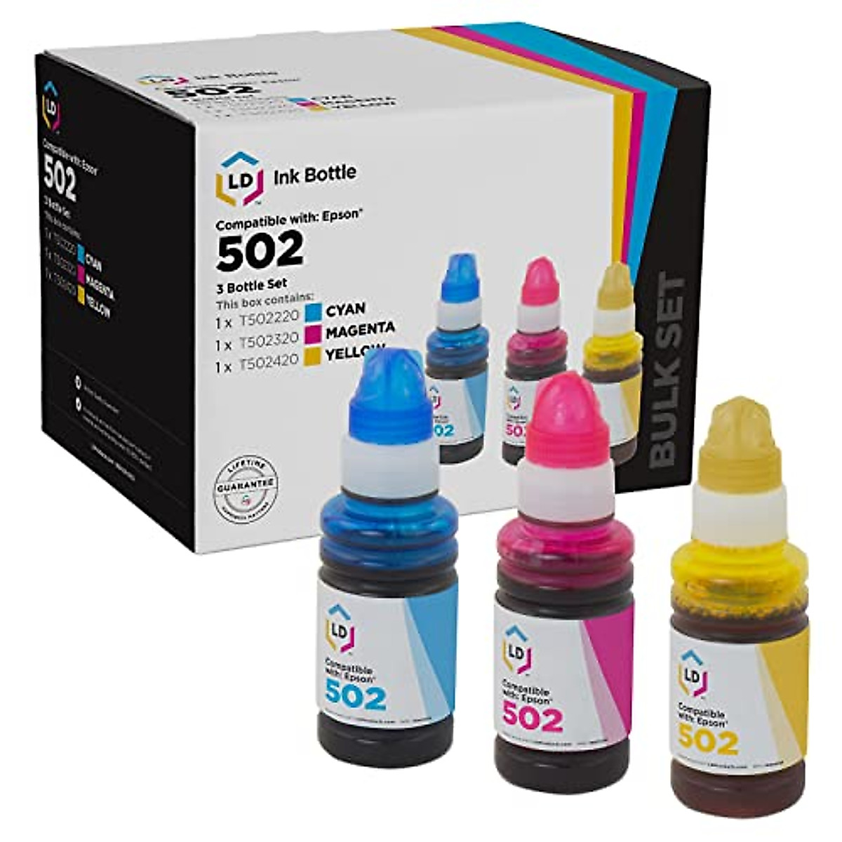 LD Products Compatible Ink Bottle Replacement for Epson 502 (3 Set - Cyan, Magenta, Yellow) Compatible with Epson ET Series, Epson Expression and Epson Workforce