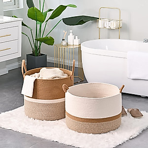 KAKAMAY Large Blanket Basket (20"x13"),Woven Baskets for storage Baby Laundry Hamper, Cotton Rope Blanket Basket for Living Room, Laundry, Nursery, Pillows, Baby Toy chest (White/Brown)