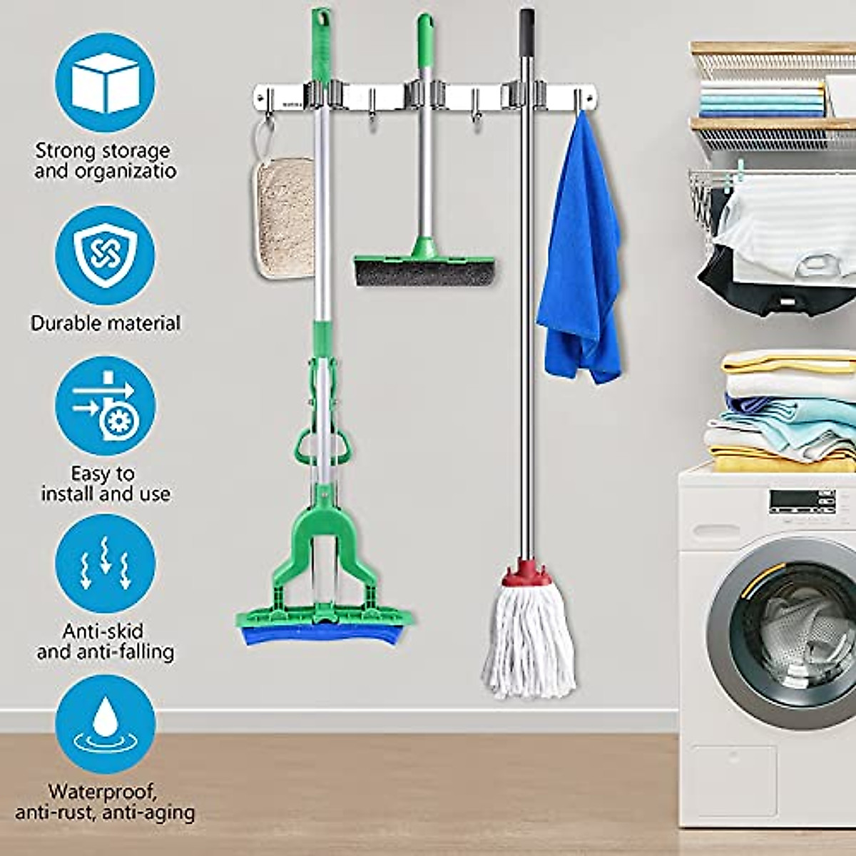 ONMIER Broom Holder Wall Mount Stainless Steel Mop and Broom Holder Wall Mounted Broom Tools Storage Organizer with 3 Racks 4 Hooks for Home Kitchen Garden Laundry Room (2 PACK)