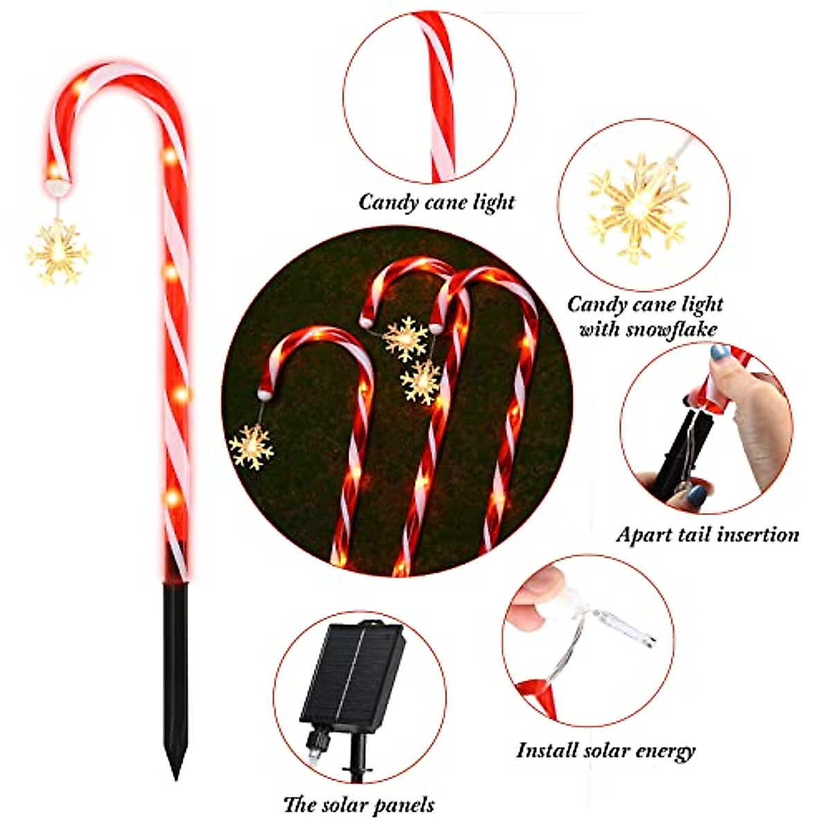 Christmas Candy Cane Solar Lights with SnowflakesCandy Cane Lights Set of 8,Red and White Yard Lights for Holiday Xmas Indoor Courtyard Patio Garden Walkway