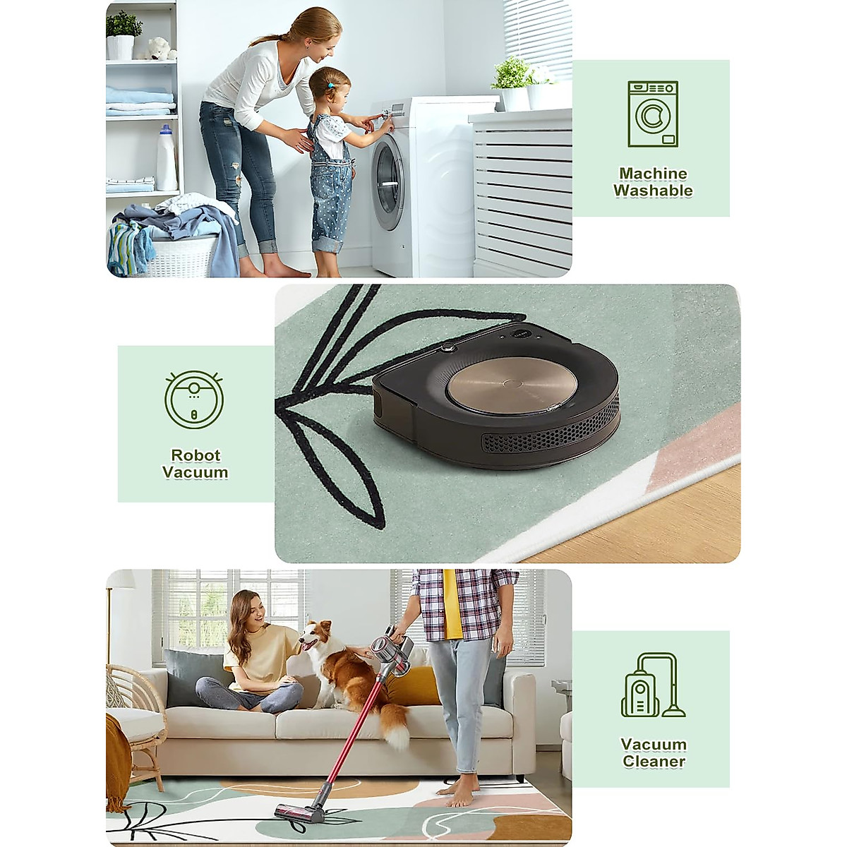 Wonnitar Boho Art 5x7 Rug,Washable Modern Abstract Living Room Area Rug,Minimalist Aesthetic Non-Slip Throw Rug for Bedroom,Non-Shedding Print Indoor Floor Carpet for Dorm Den,Pink/Green