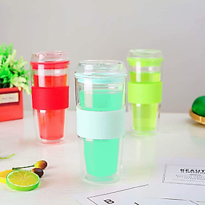 cicike Glass Tumbler with Silicone Sleeve, Iced Coffee Cup, Glass Cup, Double Walled Glass Coffee Mug, Reusable Cup for Hot & Cold Beverages, 14oz. Capacity, All Made of Glass Including the Lid