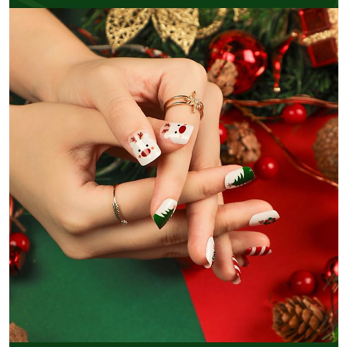 Christmas Press on Nails Short Square Fake Nails with Rhinestone Wreath Designs Acrylic Nails Cute Red White Elk Deer Winter Green Xmas Tree Glue on Nails for Women Girls 24 Pcs