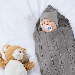 Zhanmai Newborn Baby Wrap Swaddle Blanket Knit Sleeping Bag Receiving Blankets Stroller Wrap Hat Mitten for Baby 9-12 Months