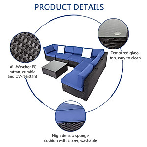 kinbor Patio Furniture - Outdoor Sectional Sofa, 7 Piece Wicker Outdoor Couch Rattan Conversation Set with Thickened Cushions and Glass Coffee Table