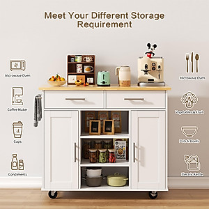 SUNLEI Kitchen Island on Wheels with Storage Cabinet & Drawer, 40" Kitchen Cart Cabinet with Shelves, Cart Handle for Towel Rack or Free Mobility, Portable Islands for Kitchen(White)