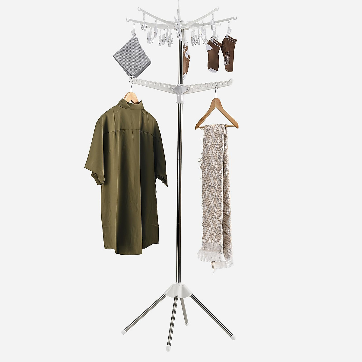 RudyHousee Clothes Drying Rack, 72 Inch Tripod Laundry Drying Rack 2 Tier, Folding Steamer Stand, Garment Rack for Hangers, for Saving Sapce, Clothes Storage, Metal Frame, Indoor Outdoor, White