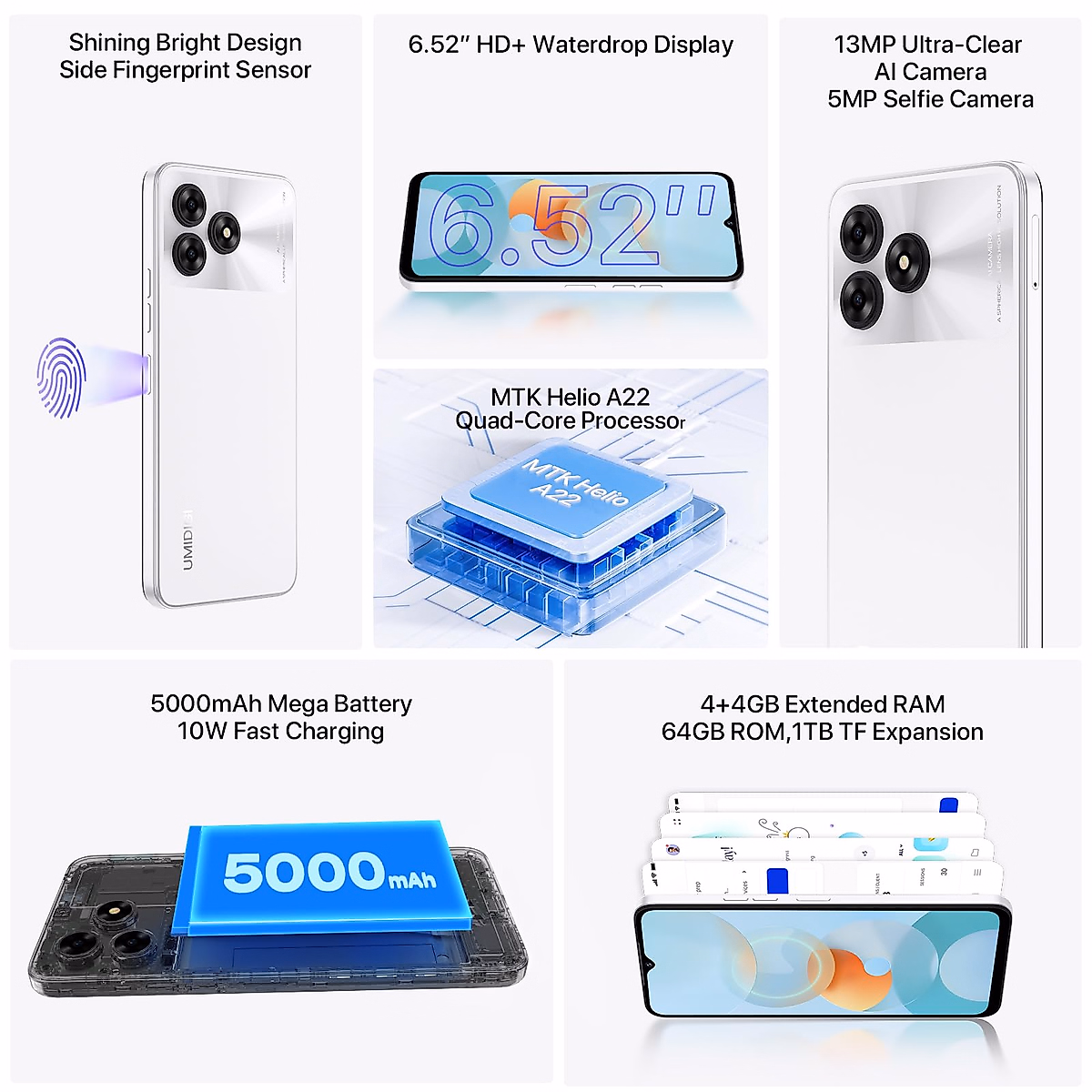 UMIDIGI Unlocked Cell Phone, G5A MTK Helio A22 4+4GB +64GB Android 13 Smartphone Unlocked with 6.52" Full Screen, 13MP+2MP+5MP AI Triple Camera, 5000mAh Battery Fast Charging Mobile Phones,White