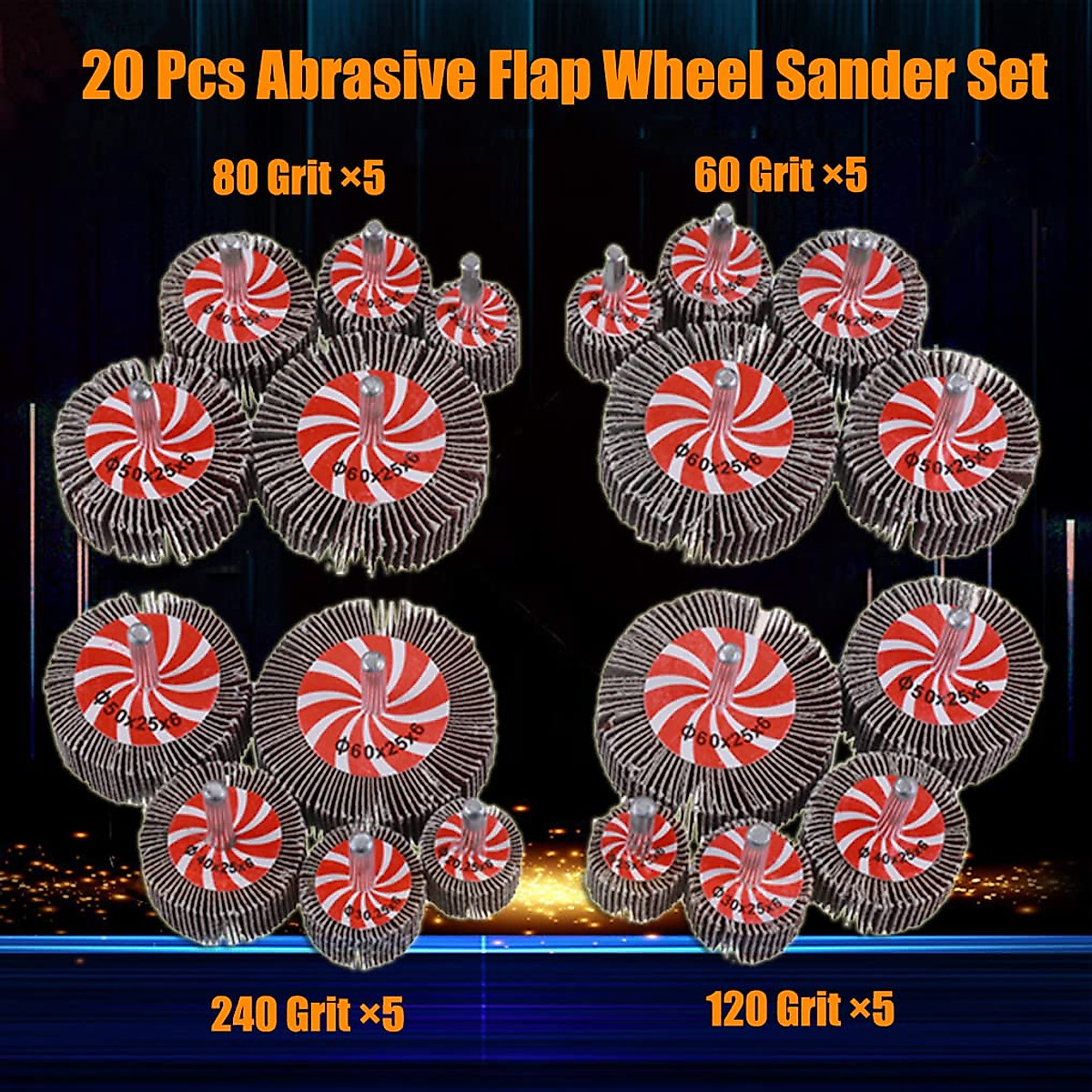 Mixiflor 20 Pcs 5 Sizes 60/80/120/240 Grits Abrasive Flap Wheel Sander, 1/4 Inch Shank Flap Wheels for Drill, Die Grinder Flap Wheel,Flap Wheel Sander for Drill