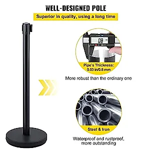 VEVOR Crowd Control Stanchion Set, Stanchion Set with 6.6 ft/2 m Black Retractable Belt, Black Crowd Control Barrier w/Concrete and Metal Base - Easy Connect Assembly (4)