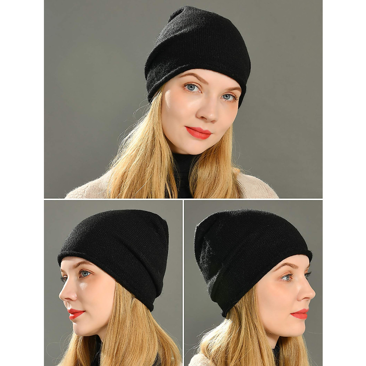 jaxmonoy Winter Knit Beanie Hats for Women ，Cashmere Wool Blend Warm Soft Skully Knitted Slouchy Beanies Cap Hat - Black