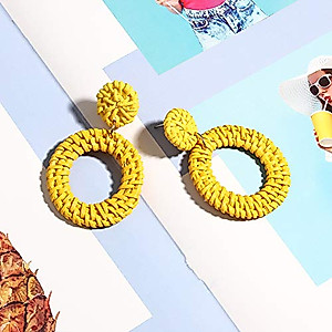 Woven Rattan Earrings Boho Colored Straw Wicker Braid Drop Dangle Earrings Handmade Round Circle Hoop Earrings Statement Stud Earrings For Women