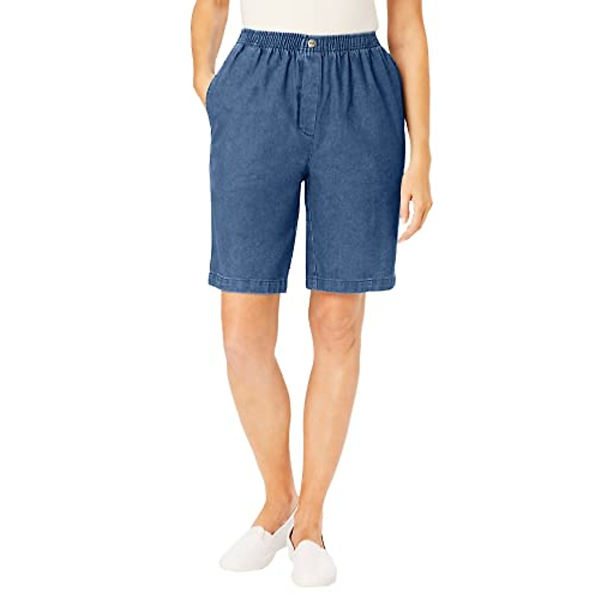 Woman Within Women's Plus Size 7-Day Elastic-Waist Cotton Denim Short - 18 W, Medium Stonewash