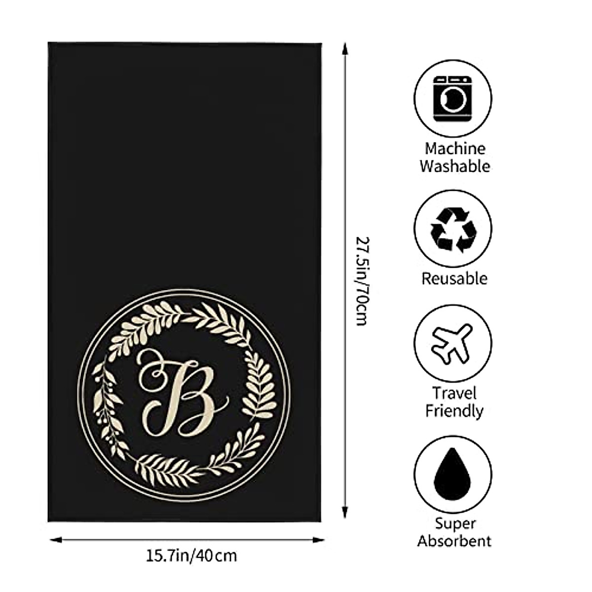 Monogrammed B Hand Face Towels Black Microfiber Towels Soft Bath Towel Absorbent Hand Towels Multipurpose for Bathroom Hotel Gym and Spa Towel 15.7X27.5 Inch