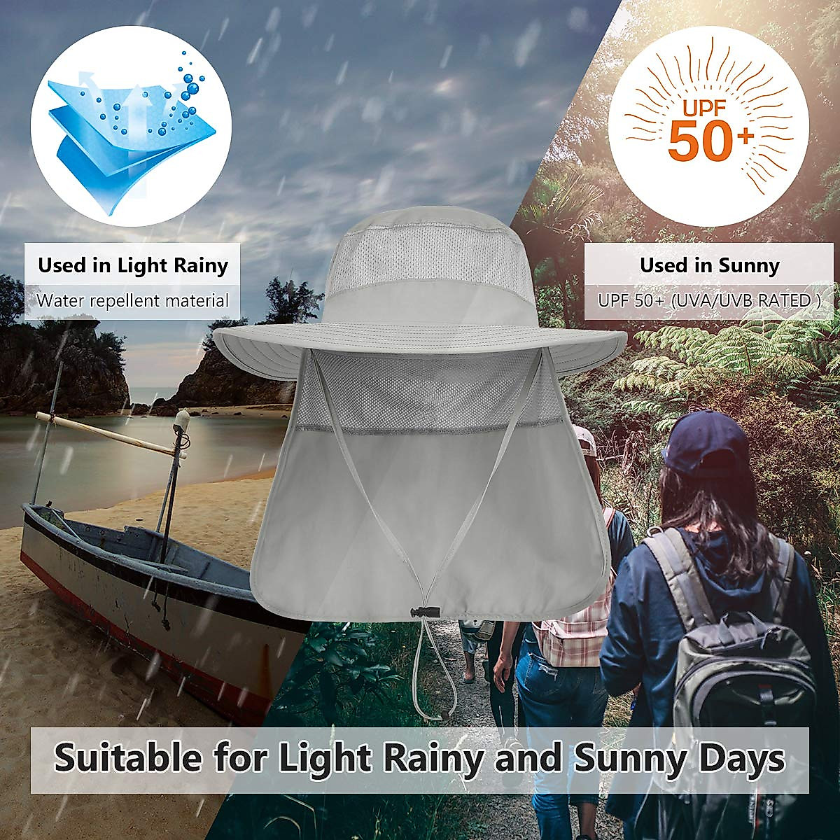 LCZTN Mens UPF 50+ Sun Protection Safari Cap Wide Brim Fishing Hiking Hat with Neck Flap for Garden Work (2 Pack-Light Grey＆Light Grey)