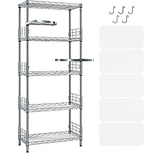 LINSY HOME 5-Tier Storage Shelves with 2 Rotatable Shelves, Height Adjustable Metal Pantry Shelves with 5 Hooks and Shelf Liners, Heavy Duty Metal Shelving, Wire Shelving for Kitchen, Bathroom -Sliver