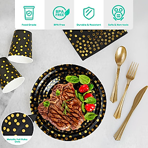 Black and Gold Party Supplies - 350 PCS Disposable Dinnerware Set - Black Paper Plates Napkins Cups, Gold Plastic Forks Knives Spoon for Halloween, Graduation, Birthday, Cocktail Party