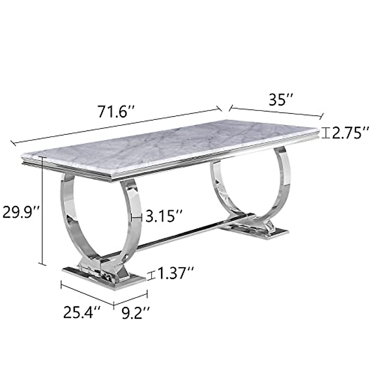 ACEDÉCOR Modern Dining Room Table with Silver Stainless Steel Metal U-Base in Grey Silver