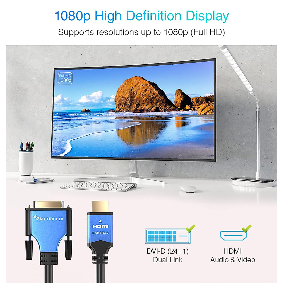BlueRigger HDMI to DVI Cable (6FT, High-Speed, Bi-Directional Adapter Male to Male, DVI-D 24+1, 1080p, Aluminum Shell) - Compatible with Raspberry Pi, Roku, Xbox One, PS5/PS4/PS3, Graphics Card
