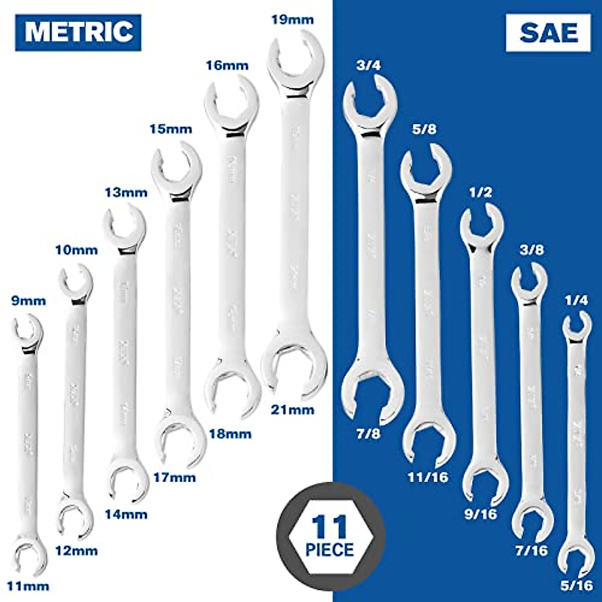 XJX Flare Nut Wrench Set | 11-Piece | SAE & Metric | 1/4"-7/8" and 9-21mm | CR-V Steel | Brake Line Wrenches Set with Rolling Pouch