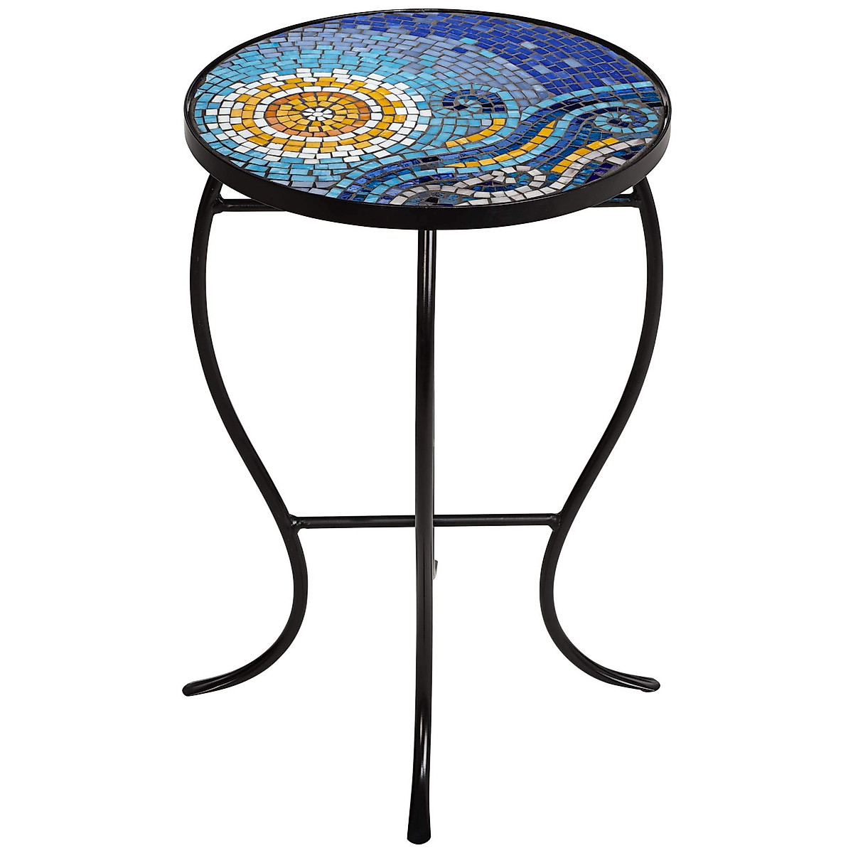 Teal Island Designs Ocean Modern Black Metal Round Outdoor Accent Side Table 14" Wide Blue Mosaic Tile Tabletop Gracefully Curved Legs Front Porch Patio Home House Balcony Deck Shed Yard