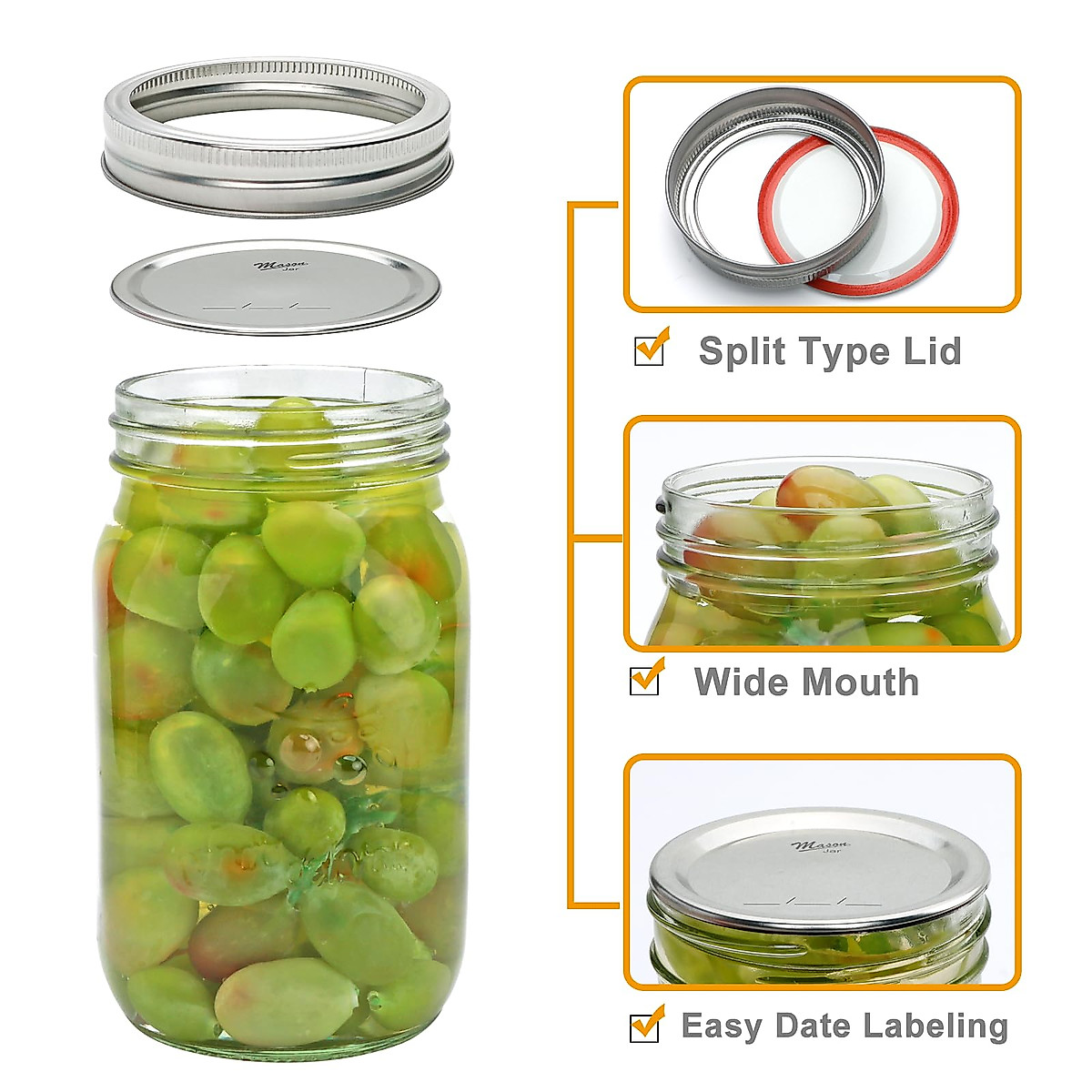 Encheng Wide Mouth Mason Jars 32oz,Clear Glass Mason Jars with Lids and Bands,12 Pack Quart Size Canning Jars with Metal and Plastic Lids for Preserving,Meal Prep,Fermenting,Jam